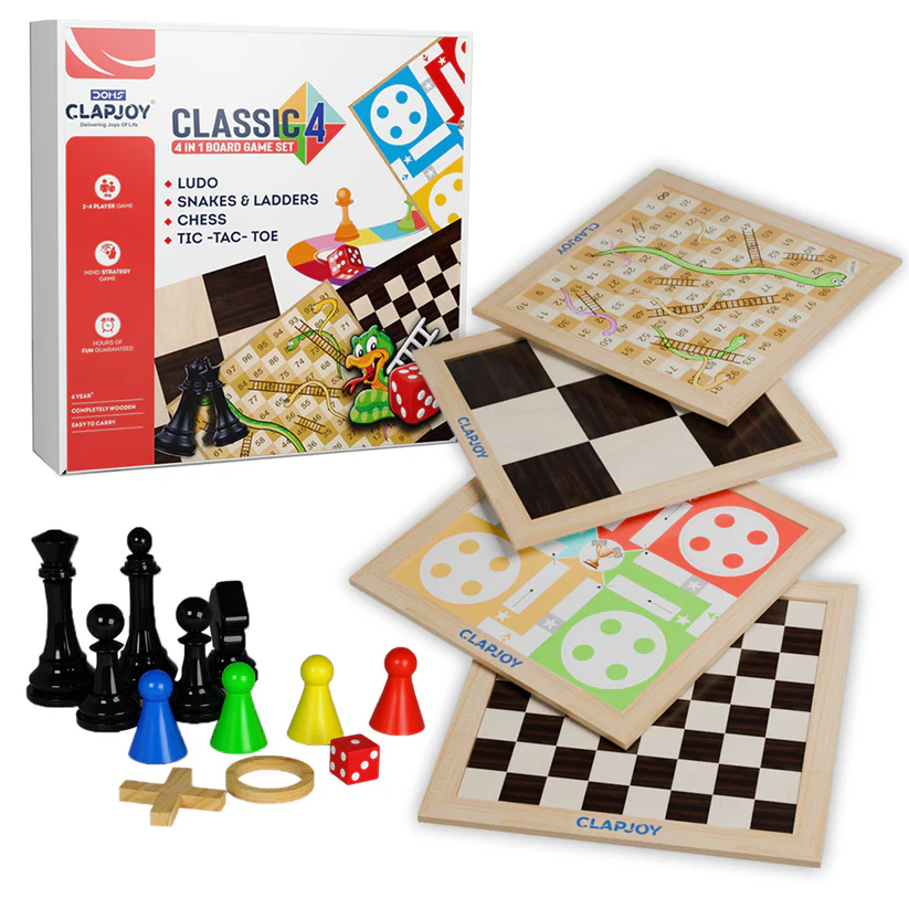 Wooden Classic 4 in 1 Board Game (Ludo & Chess |Snake Ladder & Tic Tac ...